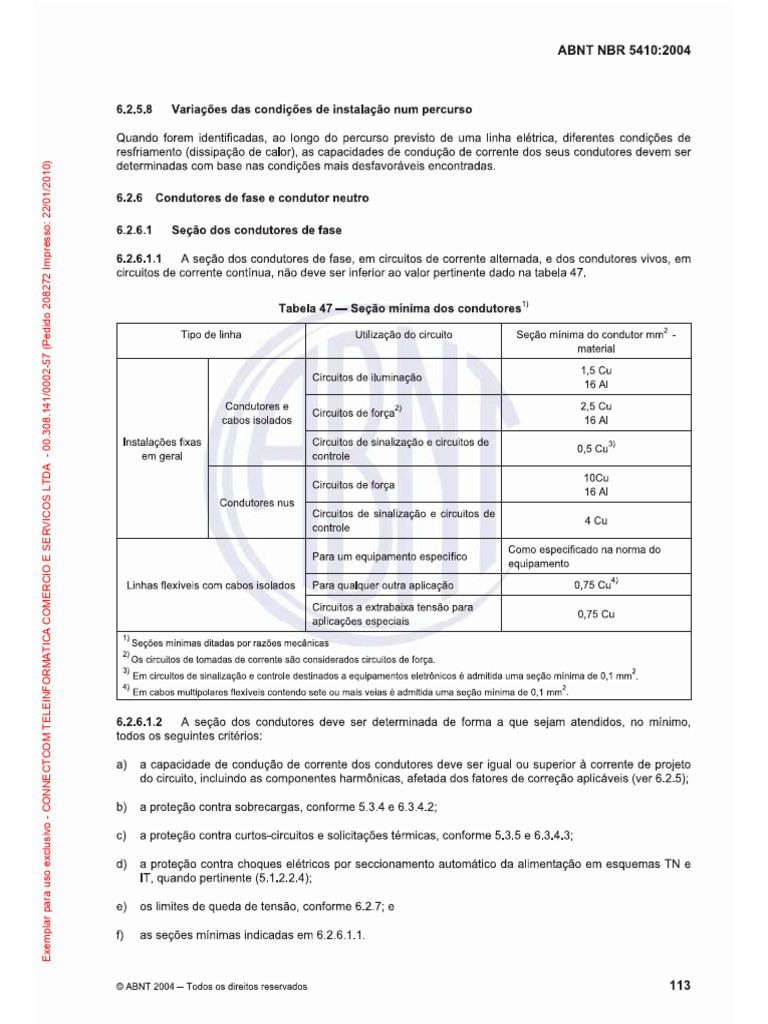 Tabela 47 - Seção Mínima Dos Condutores | PDF