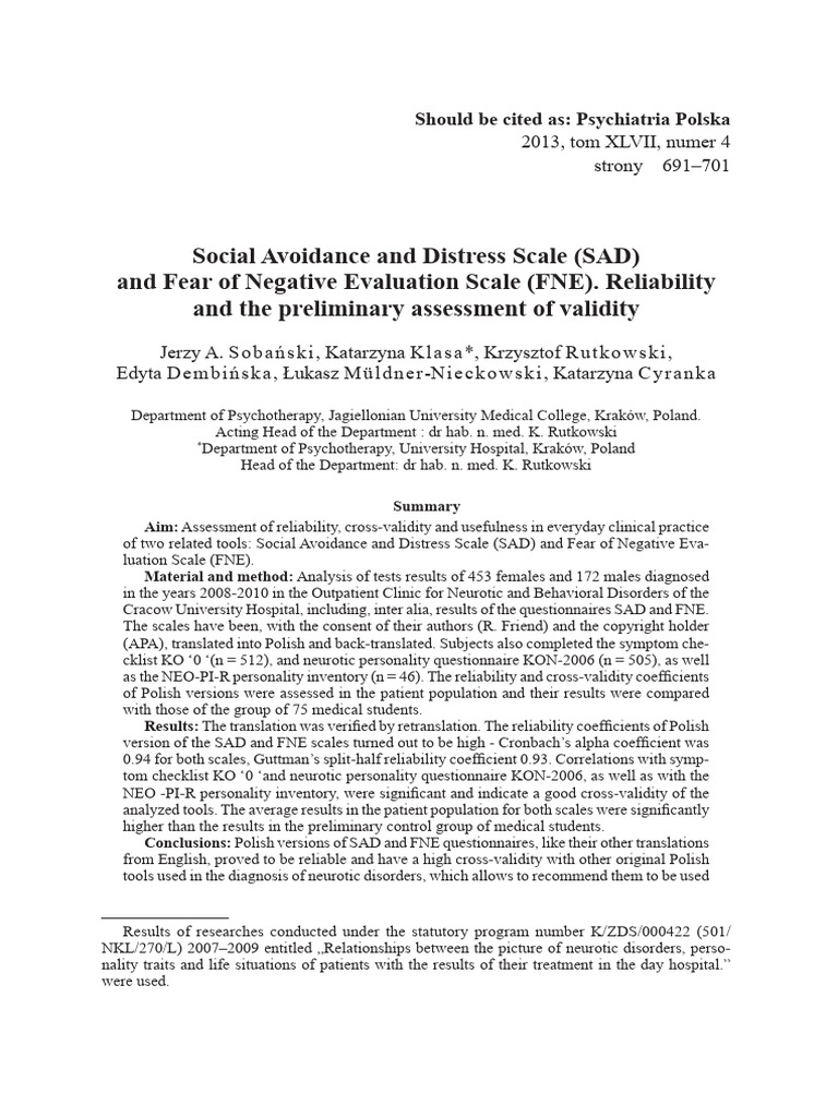 Sobanski Et-Al Social Avoidance and Distress Scale 2013 | PDF | Social ...