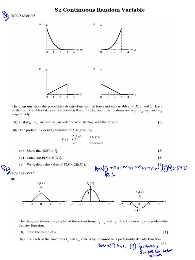 Continuous Random Variable Past Paper Worksheet | PDF