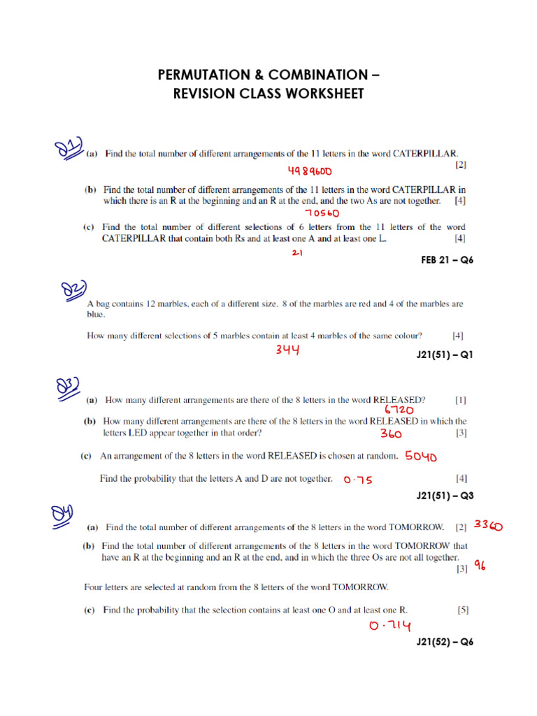 PERMS-COMBS Revision Worksheet | PDF
