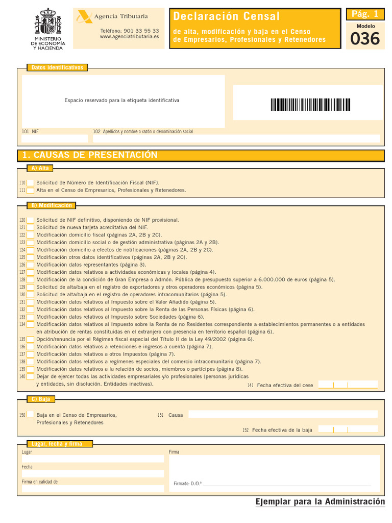 Modelo 036 Declaración Censal, Rellenado, Ejemplo | PDF | Impuestos | Finanza pública