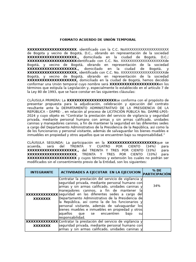Formato Acuerdo de Unión Temporal | PDF | Bogotá | Gobierno