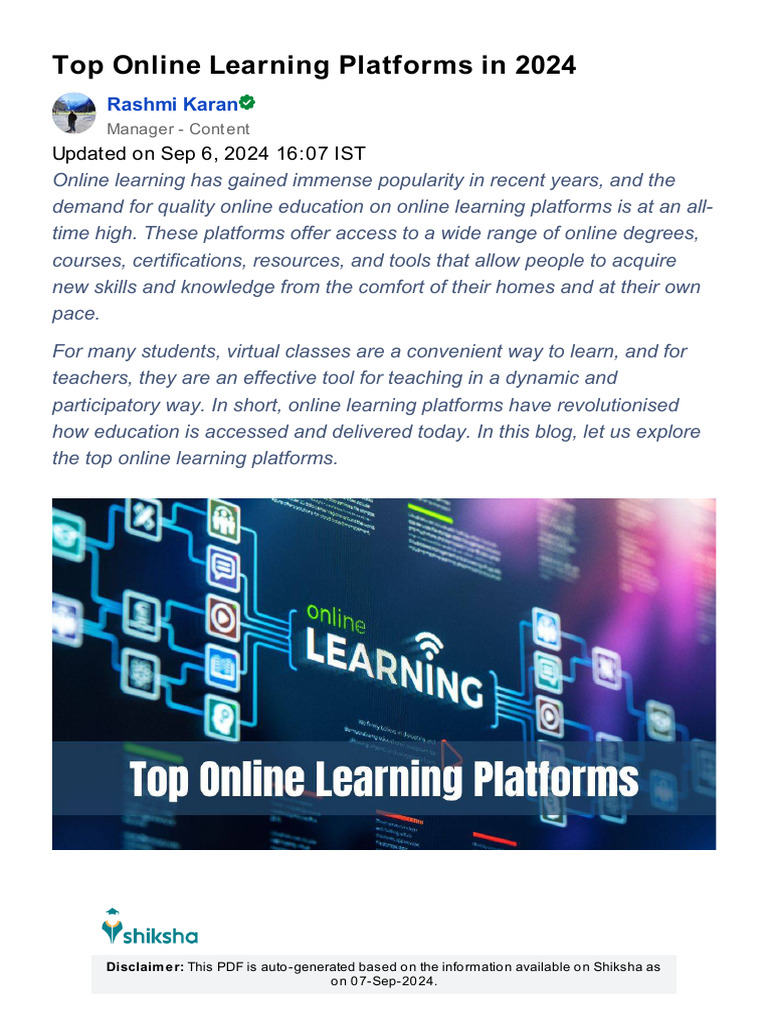 Top Online Learning Platforms in 2024: Rashmi Karan | PDF | Educational Technology | Analytics