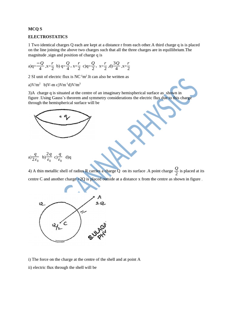 MCQS ELECTROSTATICS (1) | PDF | Capacitance | Capacitor