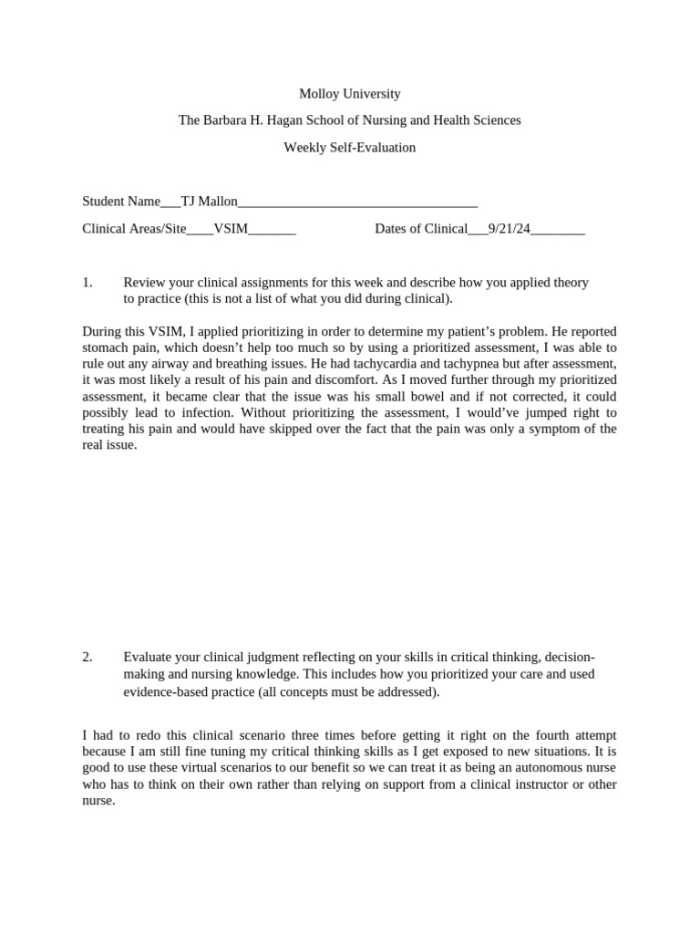 VSIM Clinical Evaluation Reflection | PDF | Nursing | Health Care