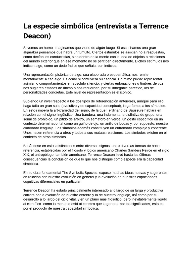 La Especie Simbólica (Entrevista A Terrence Deacon) | PDF | Cerebro ...