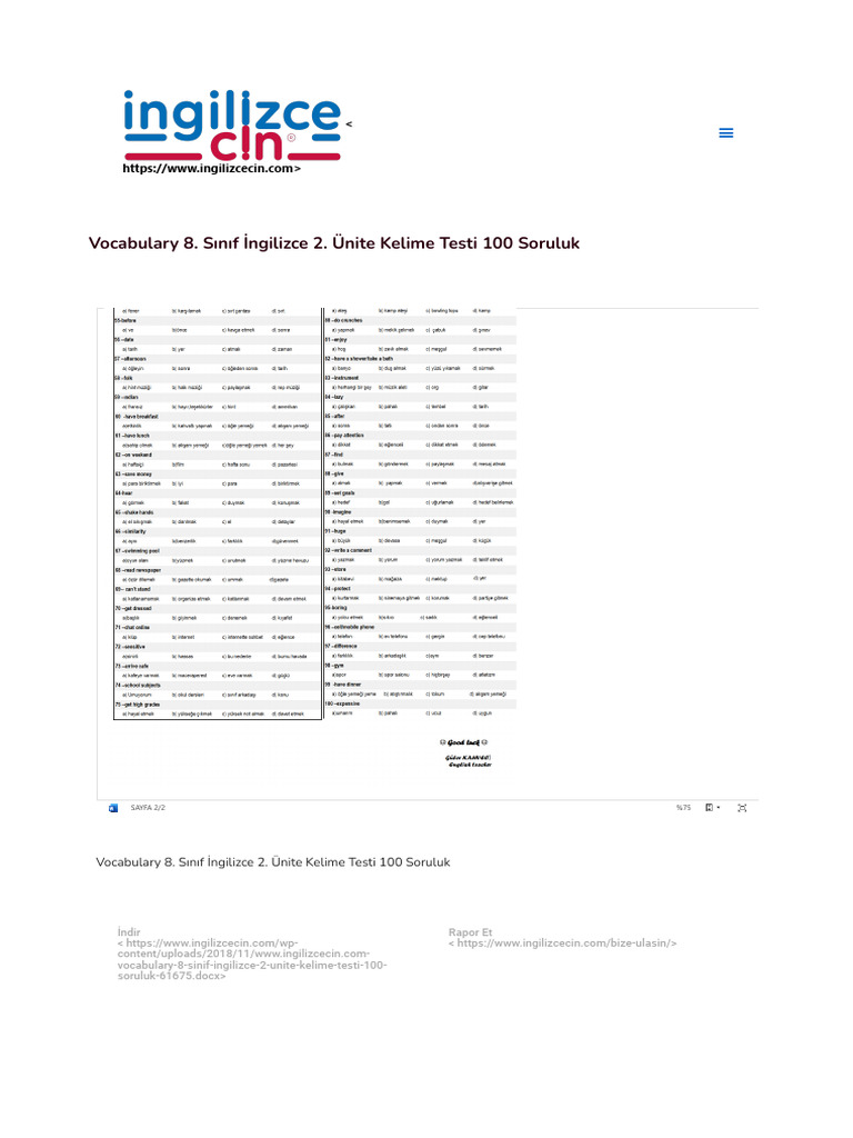 Vocabulary 8. Sınıf NG L Zce 2. Ün Te Kel Me Test 100 Soruluk | PDF