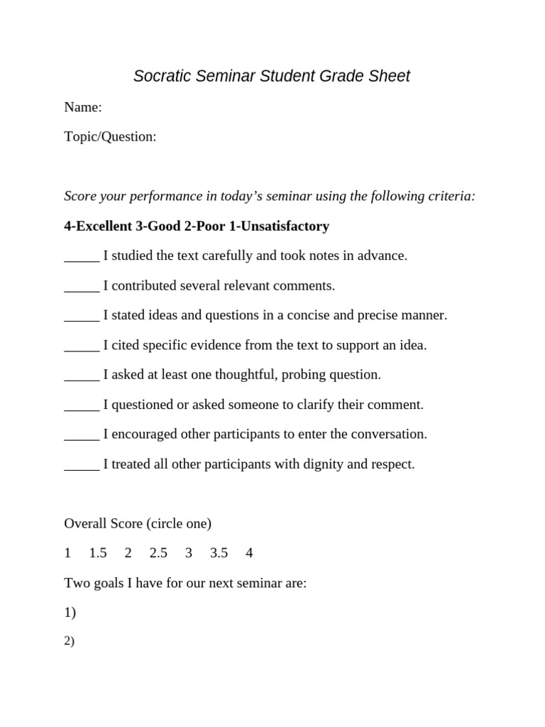Socratic Seminar Student Grade Sheet Rubrics | PDF | Human Communication