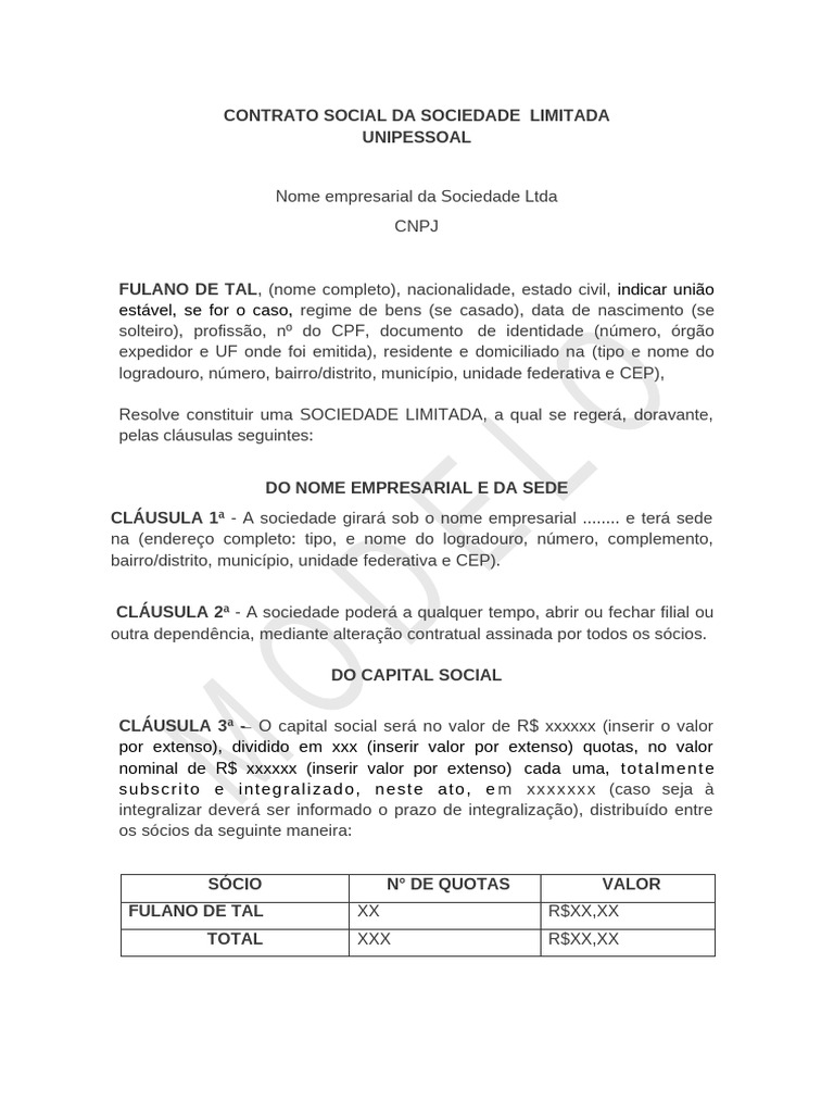 Modelo Contrato Social Sociedade Empresária Limitada Unipessoal | PDF ...