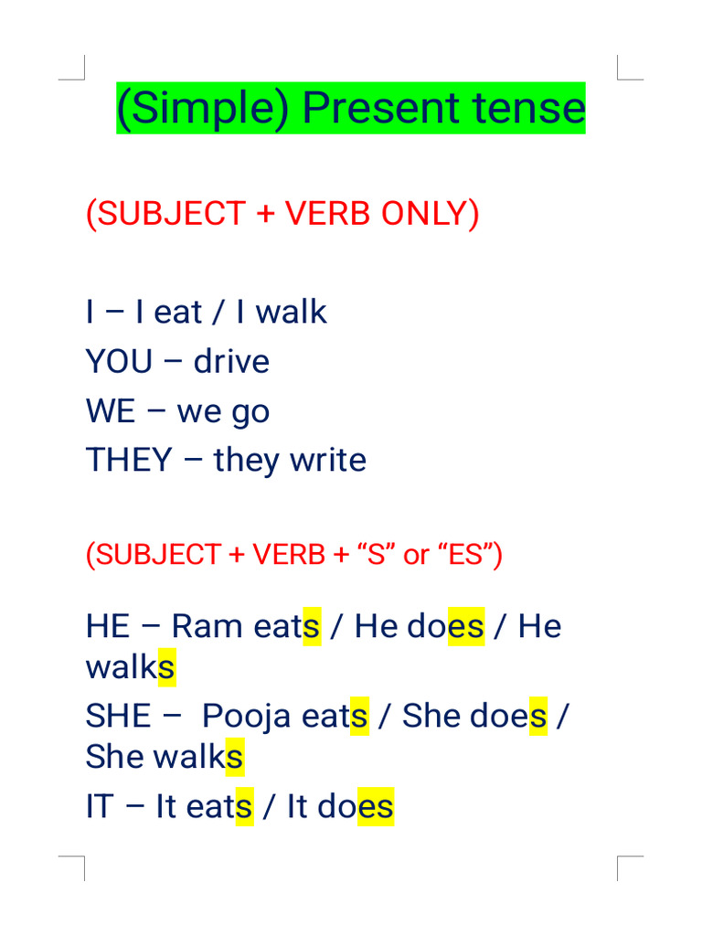 Revision of Present Tense | PDF