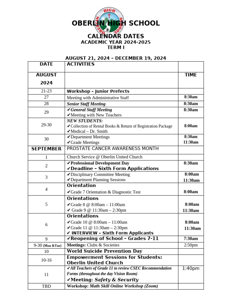 Oberlin High School 2024-2025 Calendar | PDF