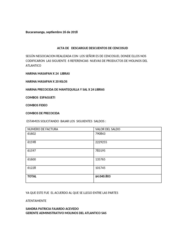 Acta de Descargue Saldos de Concosud | PDF