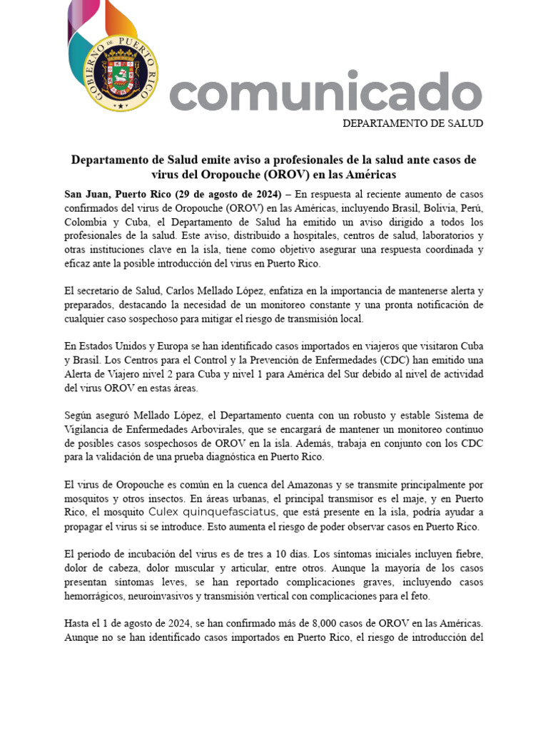 Alerta de Salud por Virus Oropouche en PR | PDF | Enfermedades y ...