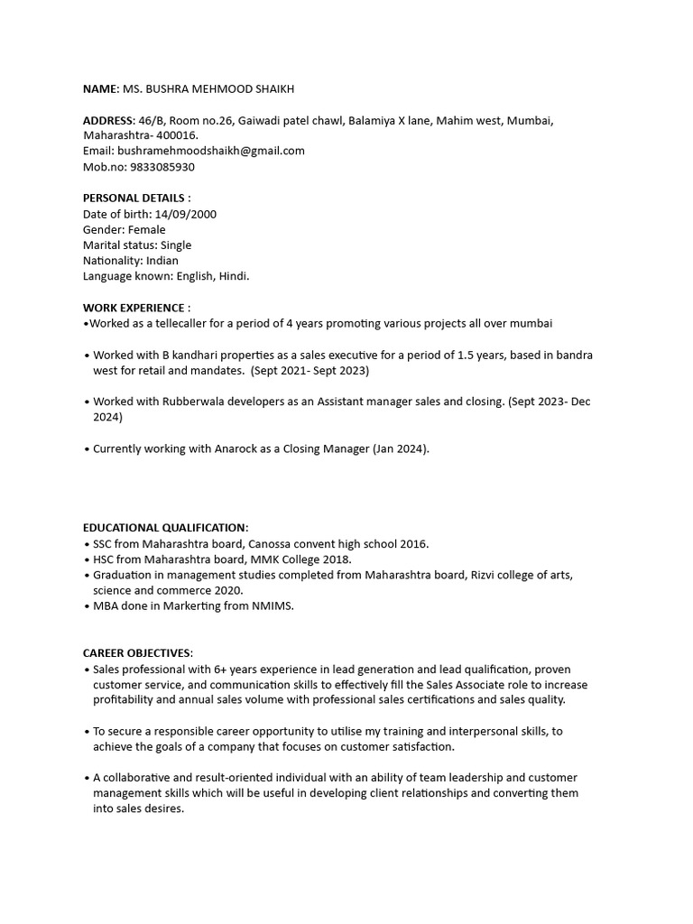 Bushra Shaikh CV. | PDF