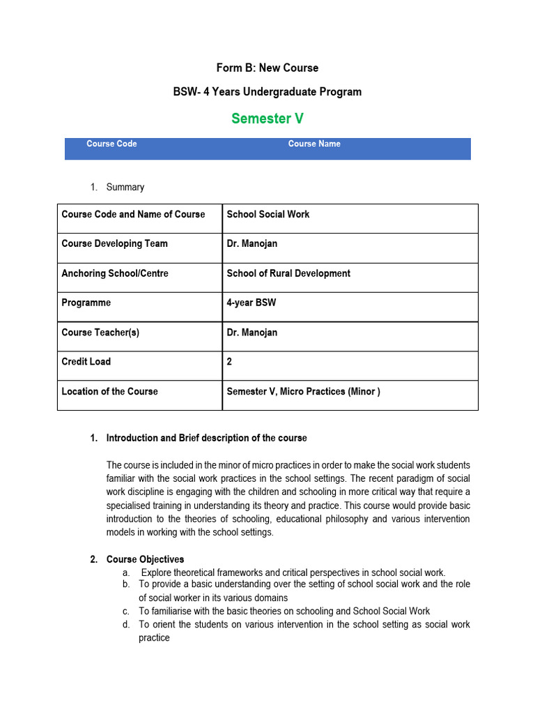 School Social Work Curriculum Overview | PDF | Social Work | Inclusion ...