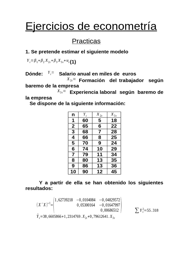 Examenes de Econometria | PDF | Coeficiente de determinación | Mínimos cuadrados ordinarios