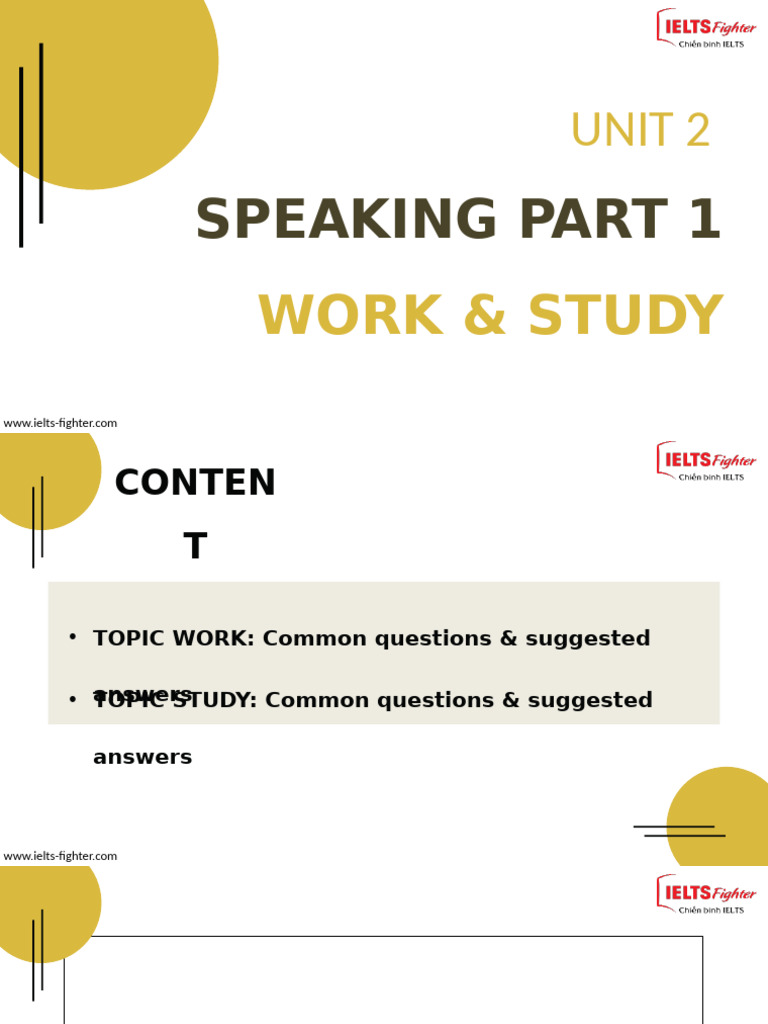 SPEAKING - Unit 2. Speaking Part 1 - Work & Study - Gui HV | PDF