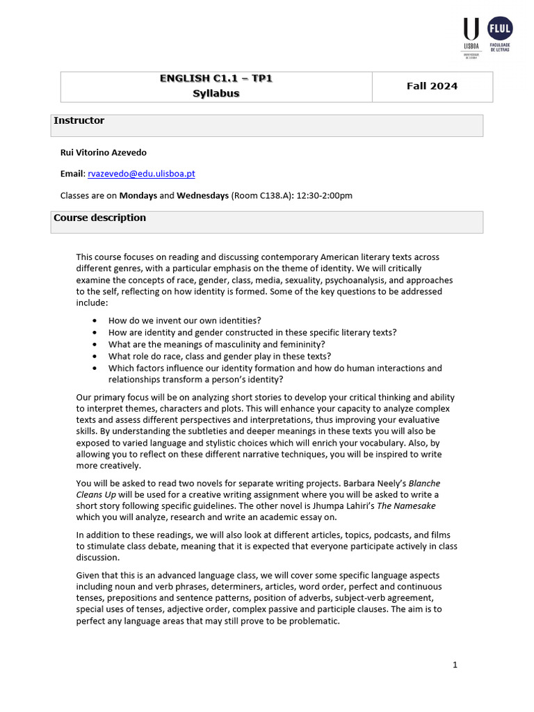 English C1.1 TP1 Syllabus Fall 2024 | PDF | Verb | Linguistic Morphology