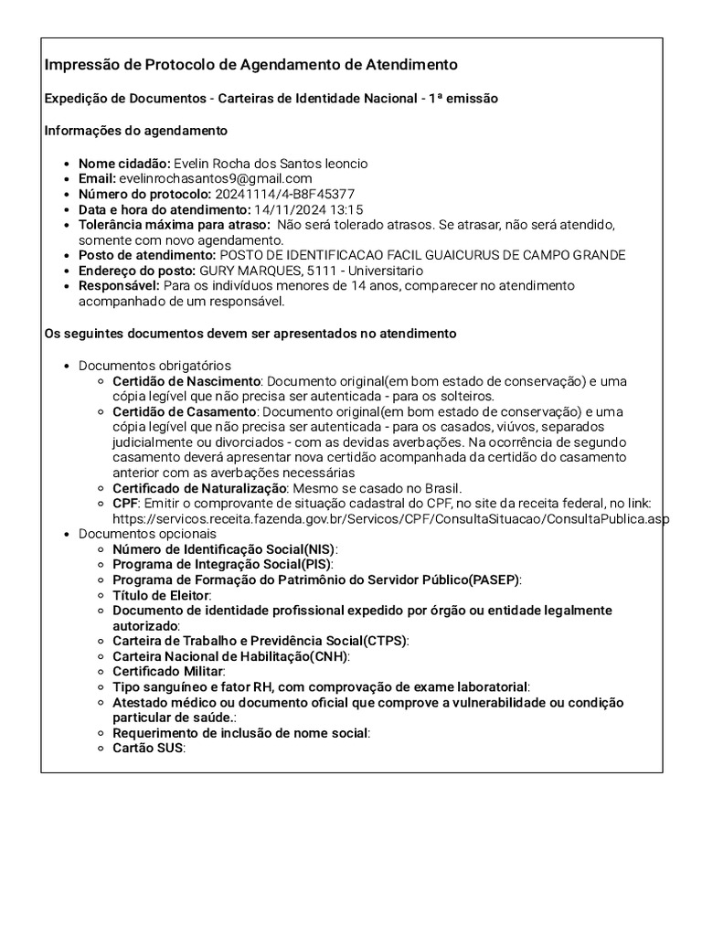 Impressão de Protocolo de Agendamento de Atendimento | PDF