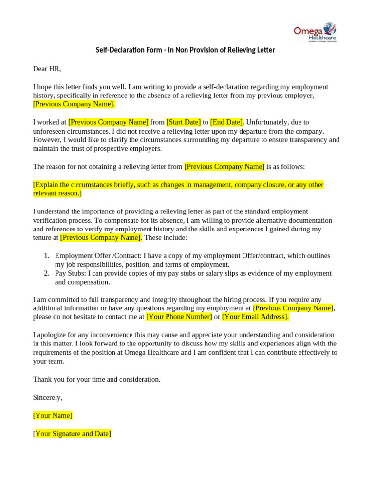 Self-Declaration - in Non Provision of Relieving Letter | PDF