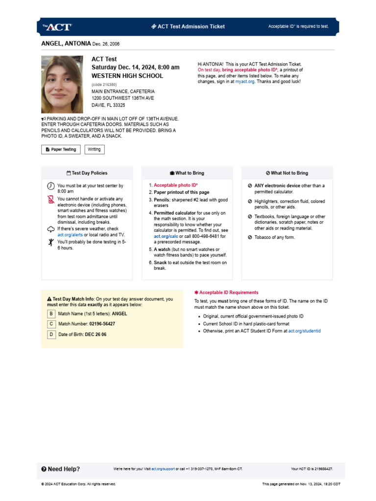 Admission Ticket - MyACT | PDF | Act (Test)