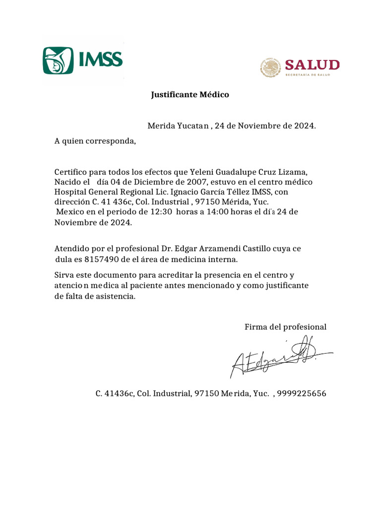 Justificante Médico Yeleni Cruz 2024 | PDF