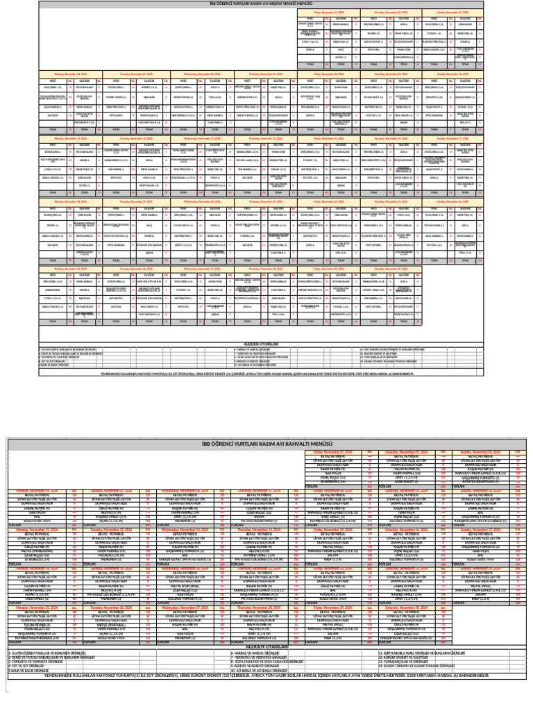 İbb Yurtlari Kasim Ayi Onayli Menü 2024 | PDF