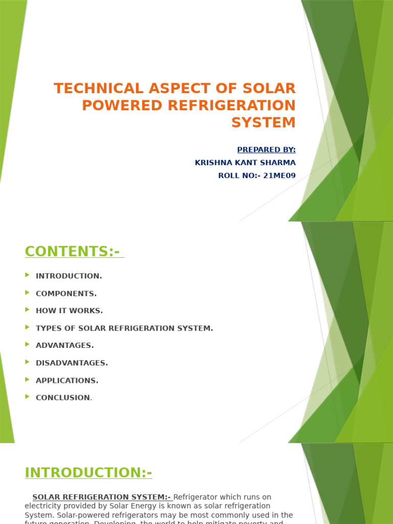 Technical Aspect of Solar Powered Refrigeration System - Seminar Ppt.3 ...