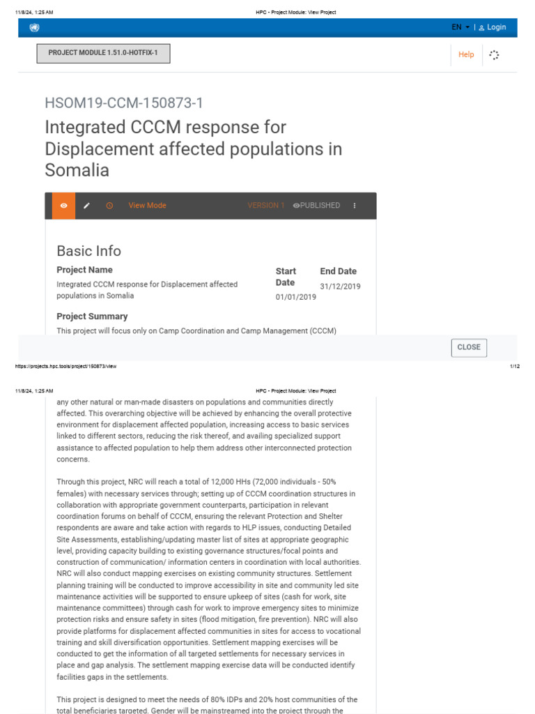 Somalia CCCM Project for IDPs 2019 | PDF | Internally Displaced Person | Risk