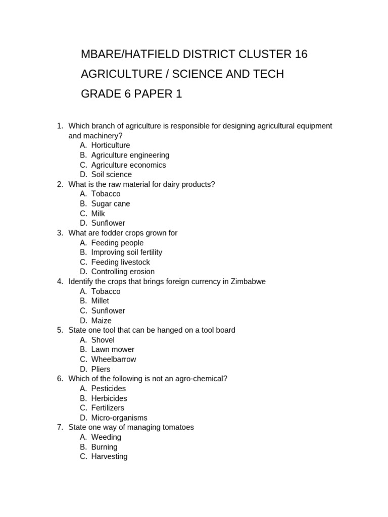 Agric Science and Tech Paper 1 Grade 6 | PDF | Agriculture | Water