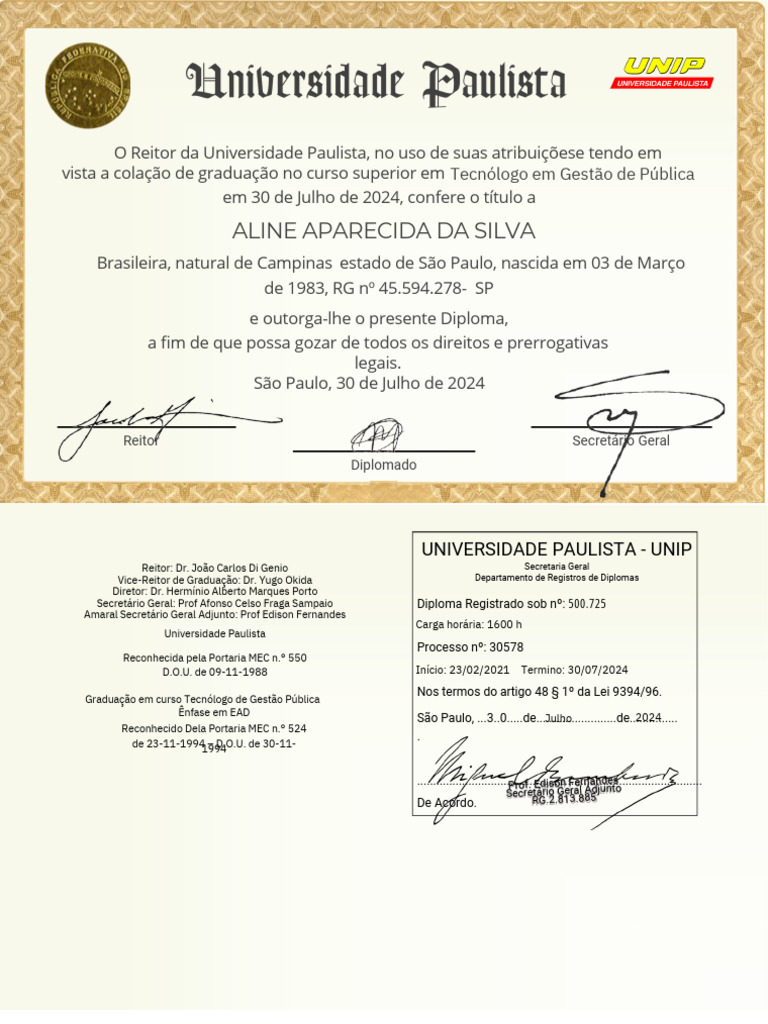 Diploma-Unip ALINE | PDF | Formação universitária | Estágios educacionais