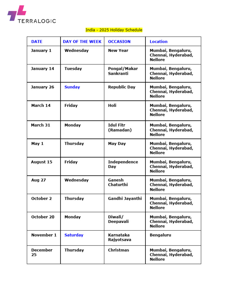 2025 - India - Holiday Calendar | PDF | Holidays | Religious Holidays