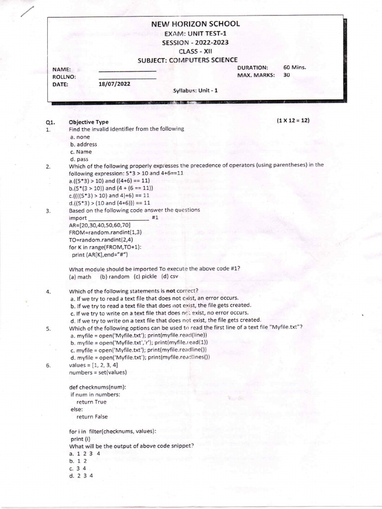 UT - 1 2022 Computer Science Class 12 | PDF