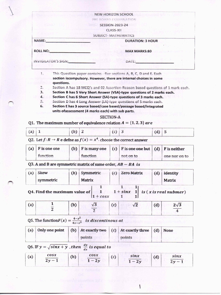 Preboard-1 Mathematics Class 12 2023-24 | PDF