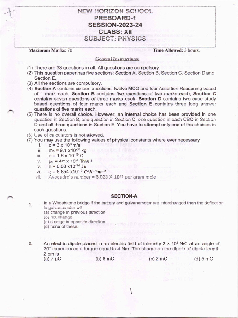 Preboard-1 Physics Class 12 2023-24 | PDF