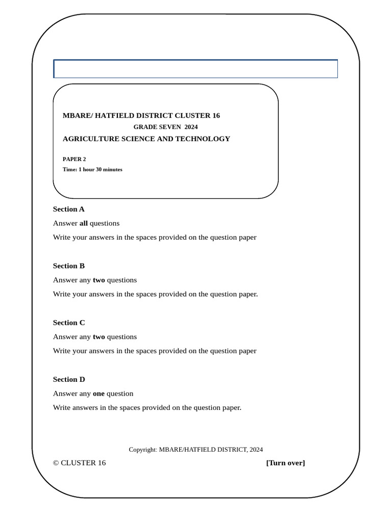 Agric Sci & Tech Paper 2 Mbare Hatfied GR 7 Cluster 16 | PDF | Lever ...
