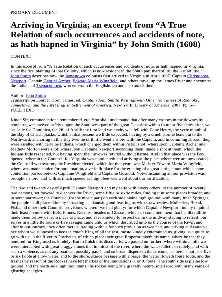 Jamestown's Arrival and First Encounters | PDF | English Colonization ...