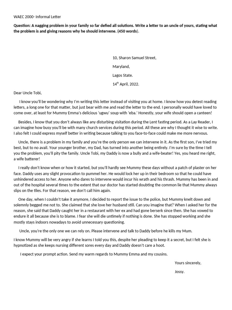 Waec 2000 Informal Letter | PDF