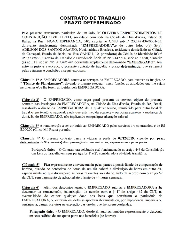 Contrato de Trabalho Prazo Determinado | PDF