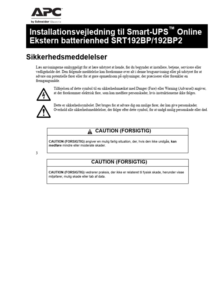 Installationsvejledning Til Smart-UPS Online Ekstern Batterienhed ...