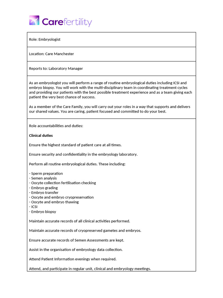 Embryologist Role and Responsibilities | PDF