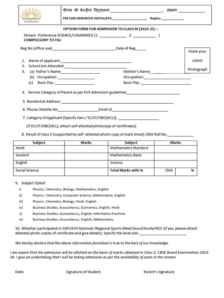 XI - Registration - 2024-25 KVS Rohini | PDF