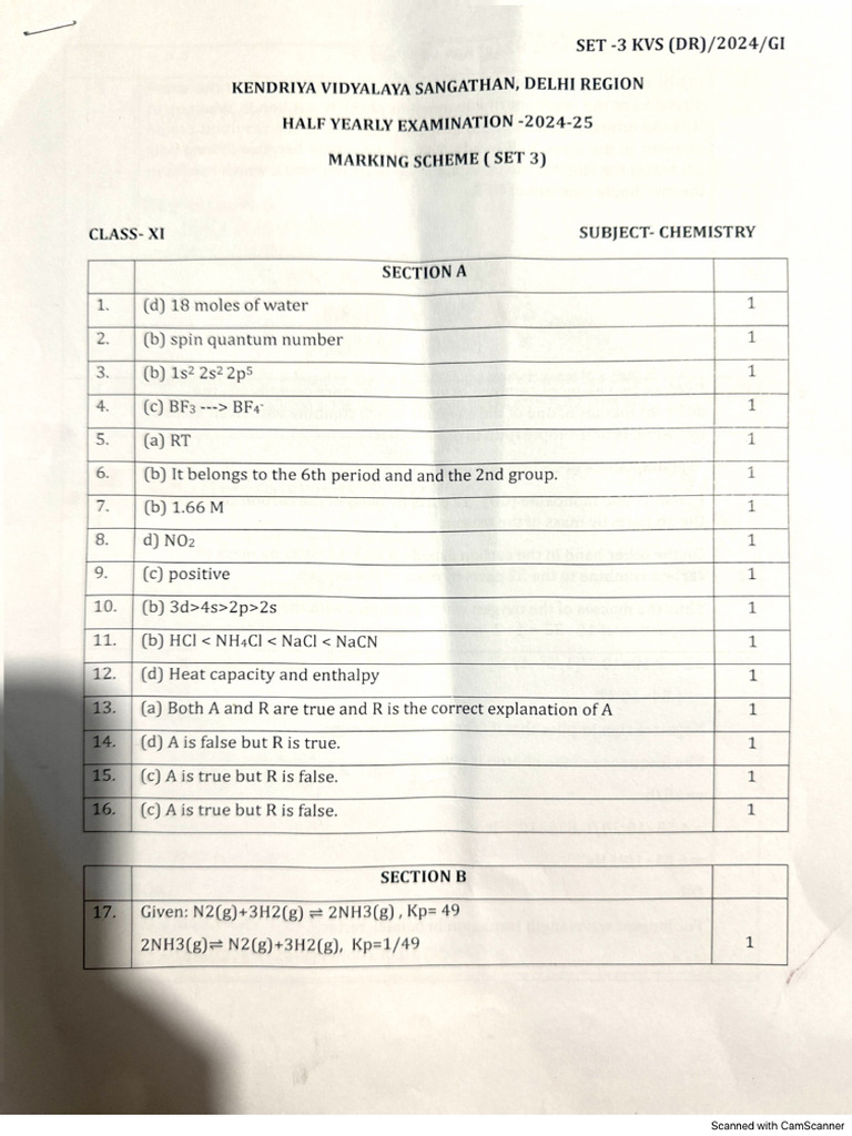 Class XI Half Yearly Exam Marking Scheme | PDF