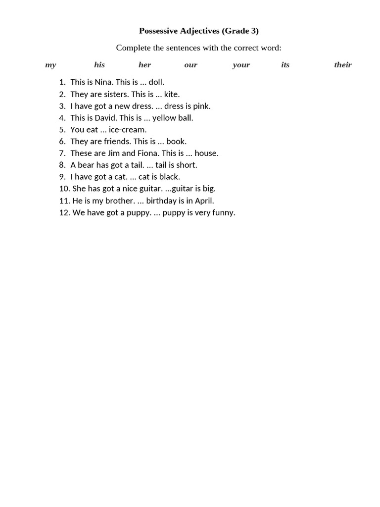 Possessive Adjectives (Grade 3) | PDF