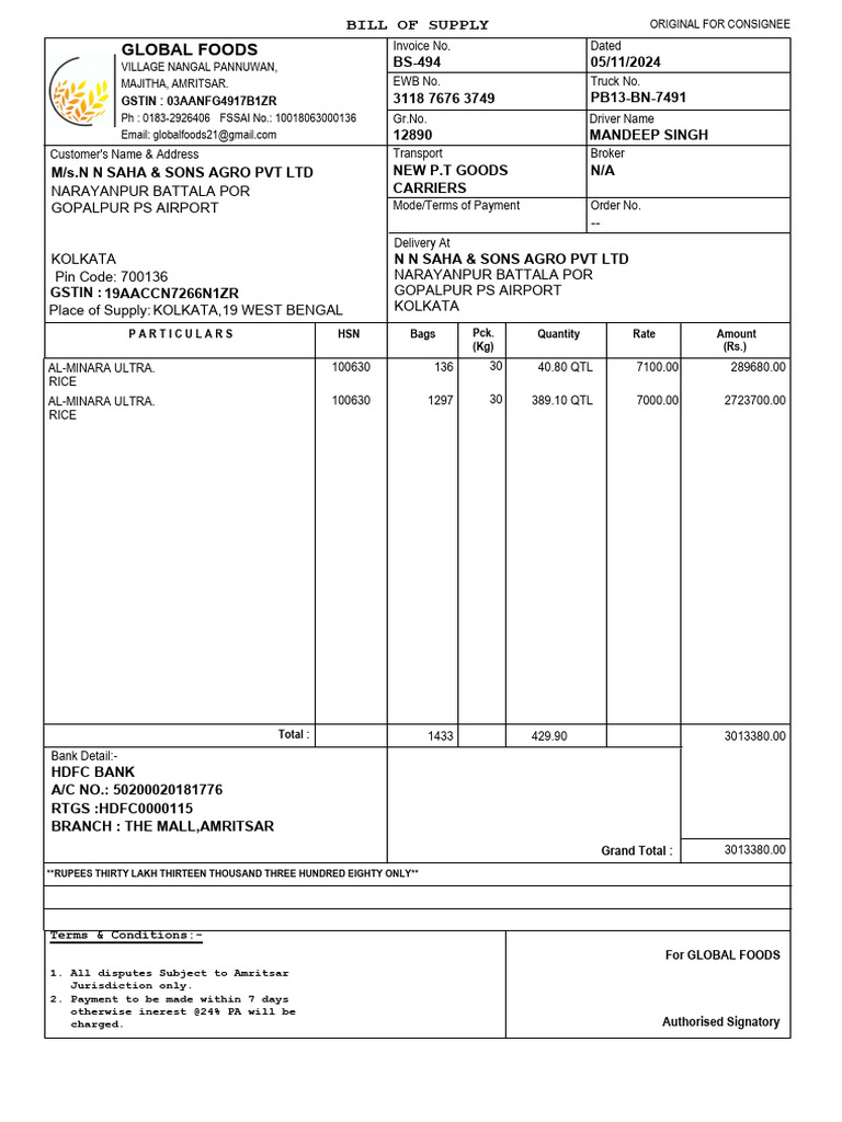 Invoice for N N Saha & Sons Agro Pvt Ltd | PDF