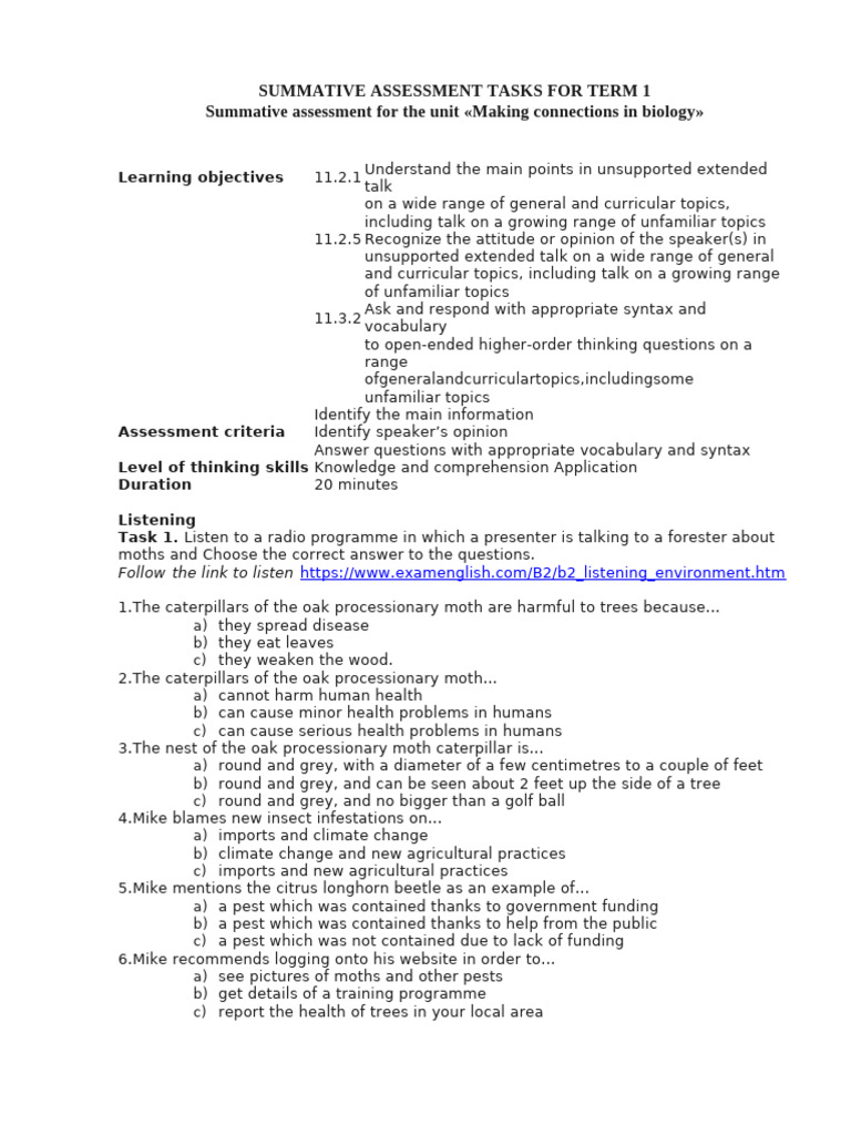 Biology Summative Assessment Overview | PDF | Pest (Organism) | Moth
