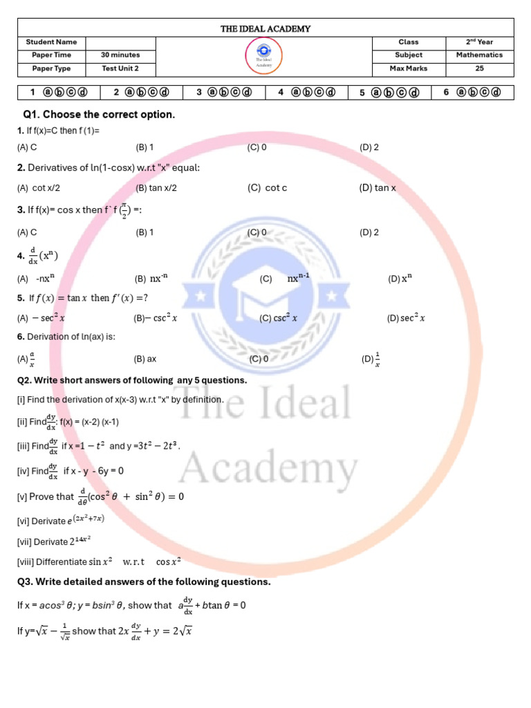 2nd Year Test Chapter2 | PDF