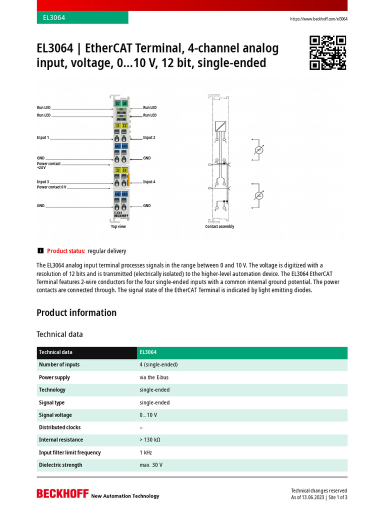 BECKHOFF Entradas Analogicas EL3064 | PDF | Power Supply | Telecommunications Engineering