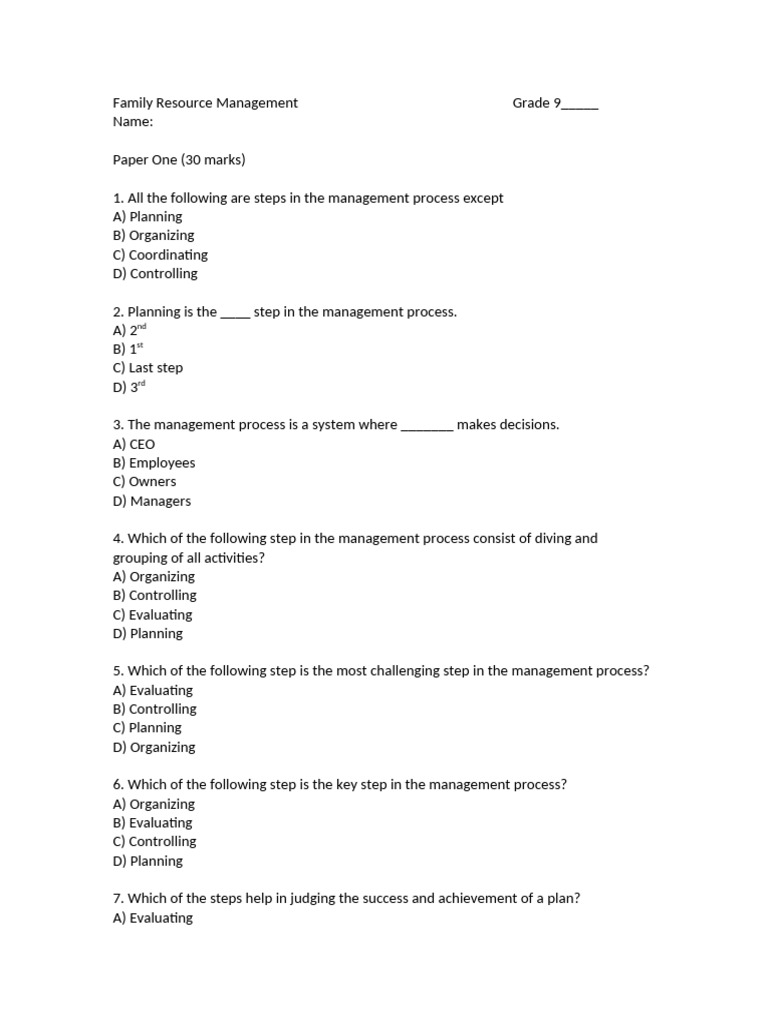Family Resource Management Term 2 Exam | PDF | Budget | Business