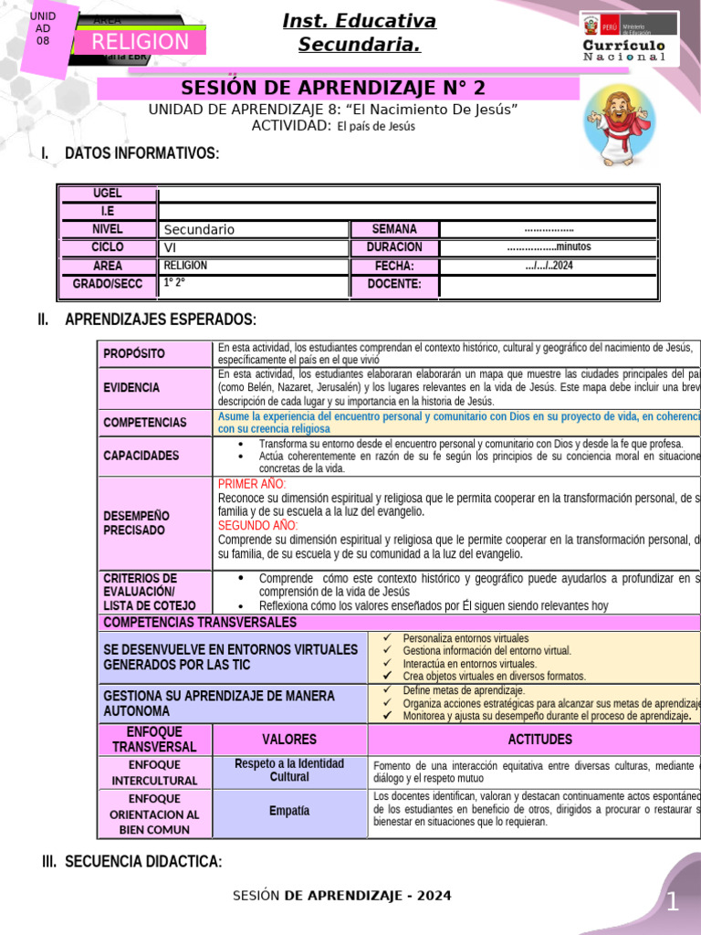 Sesion Religion 1°2° Sec-Semana 02 Uni 8 | PDF | Aprendizaje | Evaluación